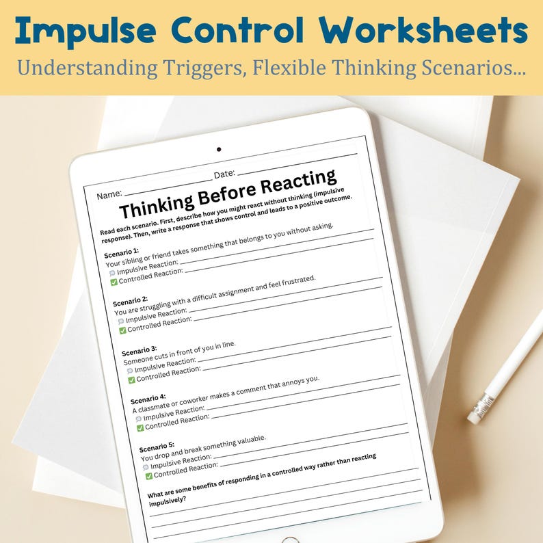 Impulse Control Worksheets for Kids, Emotional Regulation Therapy ...