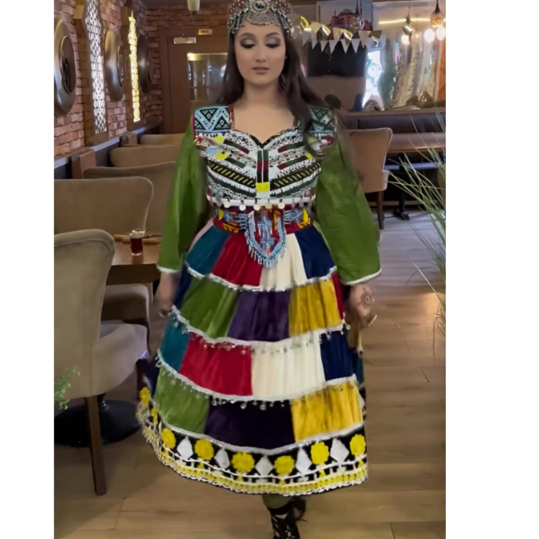 Handmade Afghani Velvet Dress With Embroidered Chest, Cherma, and Coins ...