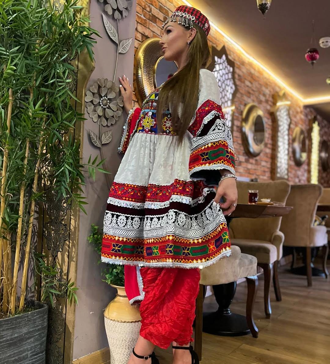 Handmade Afghani Jamawar Dress With Lace, Cherma Embroidery, Coins, and ...