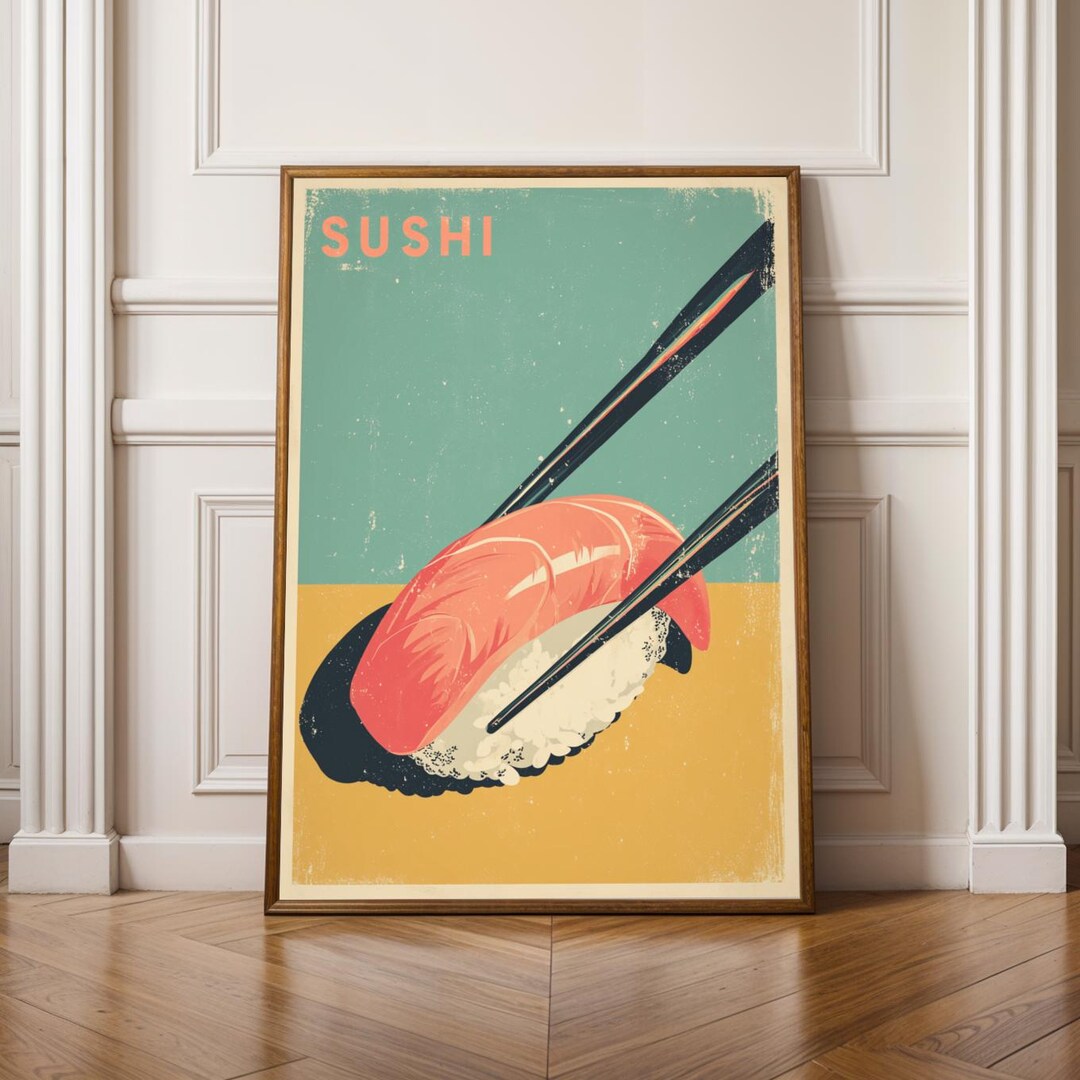Vintage Sushi Art, Japanese Food Poster, Minimalist Art Print, Teal ...