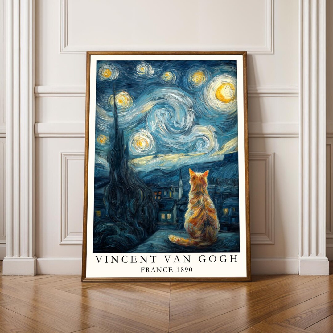 Ginger Cat Starry Night Poster, Van Gogh Print, Living Room Wall Art ...
