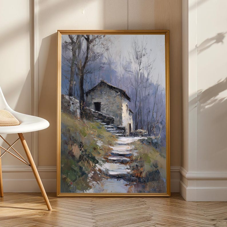 Cottagecore Decor, Rustic Stone Cottage, Winter Forest, Art Print, Blue ...