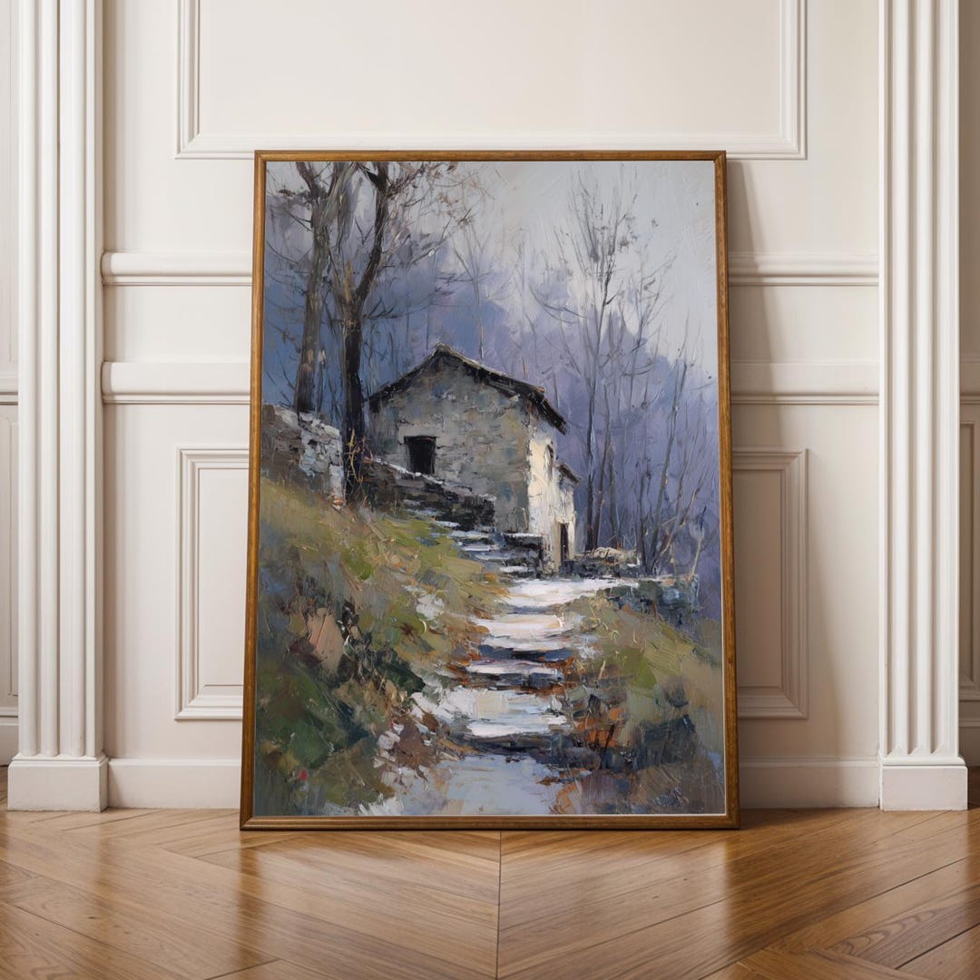 Cottagecore Decor, Rustic Stone Cottage, Winter Forest, Art Print, Blue ...