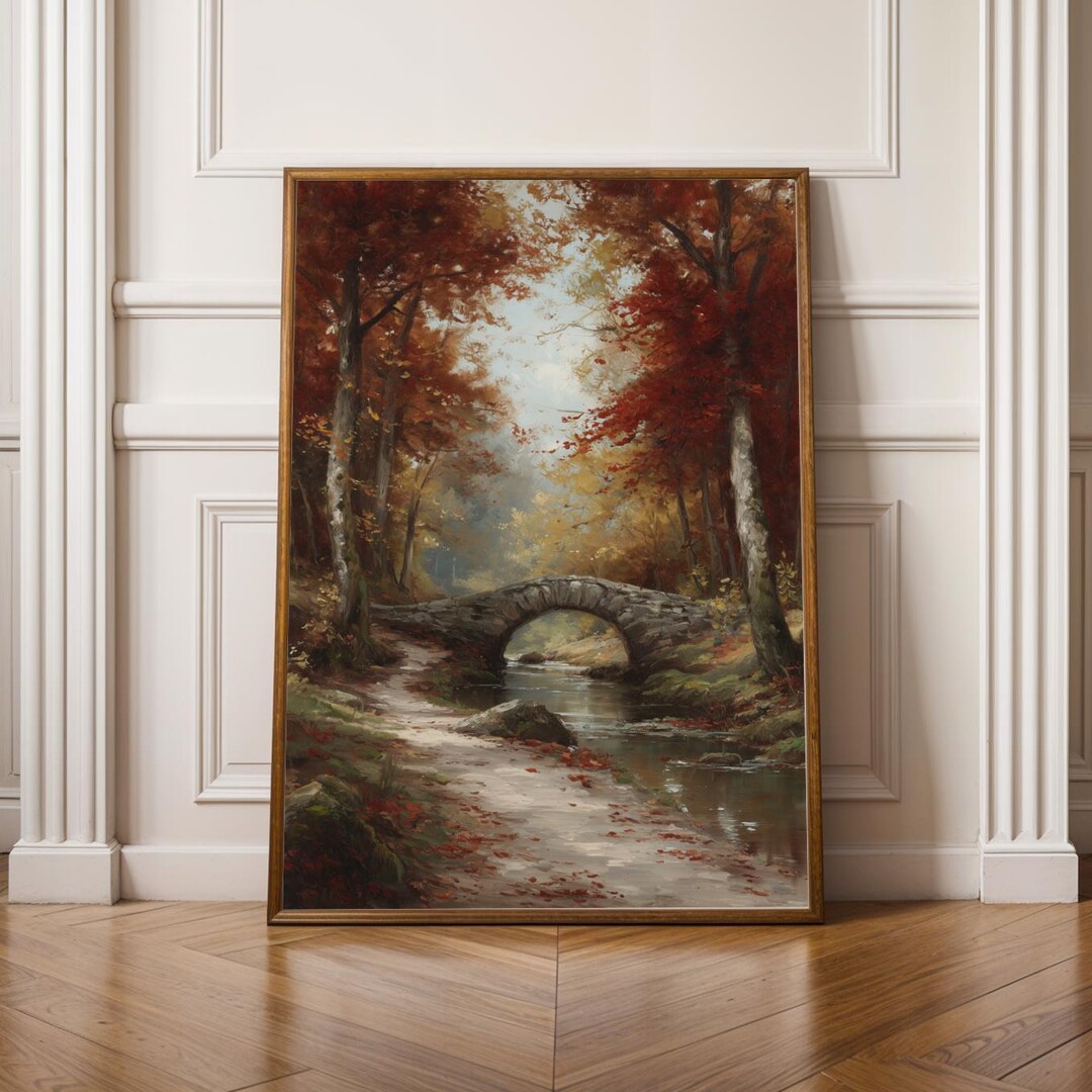 Cottagecore Decor, Autumn Forest Bridge, Art Print, Red & Green Decor ...