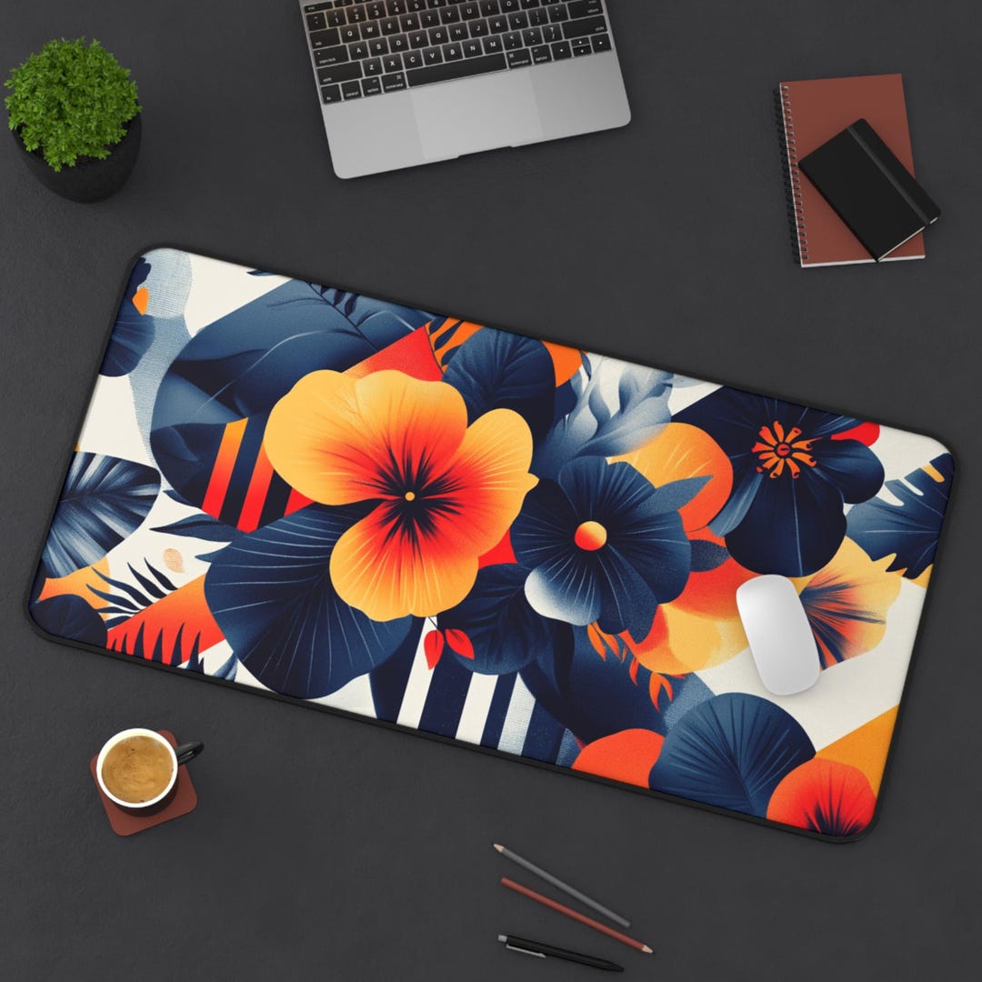 Modern Floral Geometric Mouse Pad, Navy Orange Bloom Desk Mat, Abstract ...