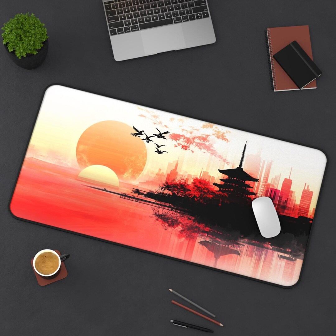 Japanese Sunset Mouse Pad, Pagoda Temple Desk Mat, Red Sun Design ...