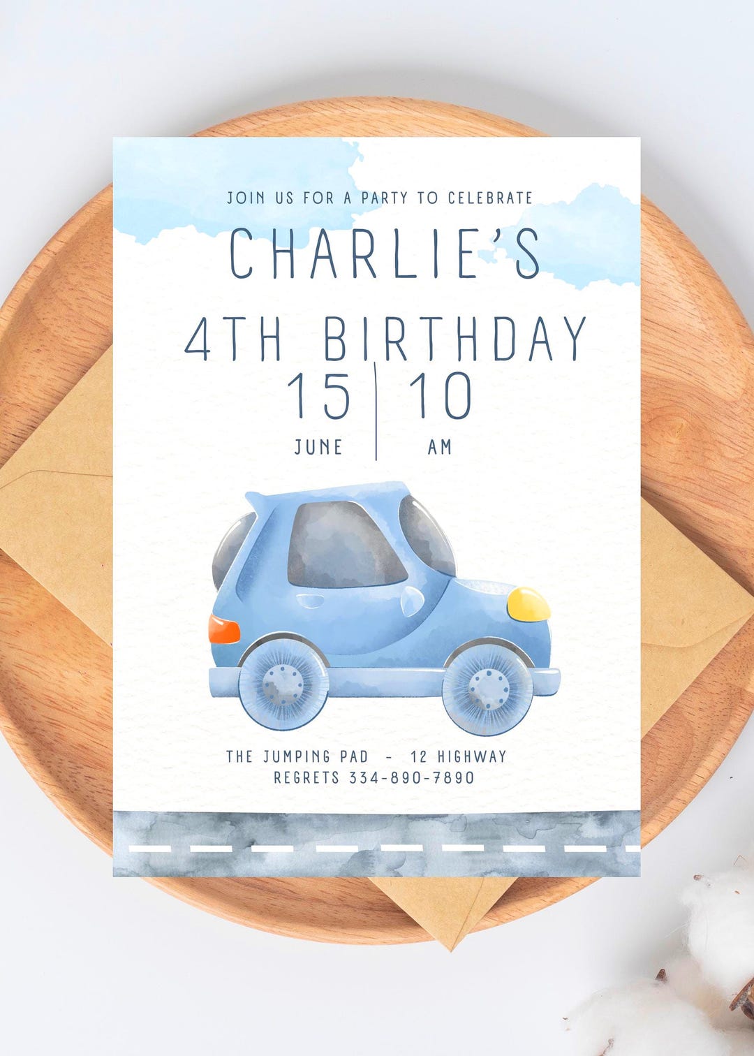 Blue Car Birthday Party Invitation | Editable & Instant Download for ...