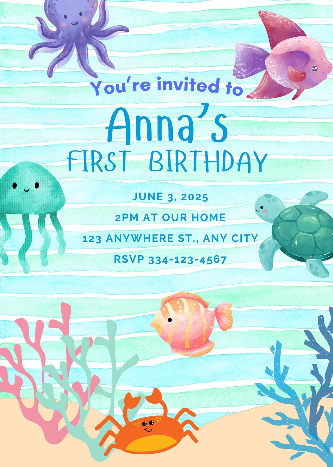 Under the Sea First Birthday Invitation, Sea Creatures Party Invite ...