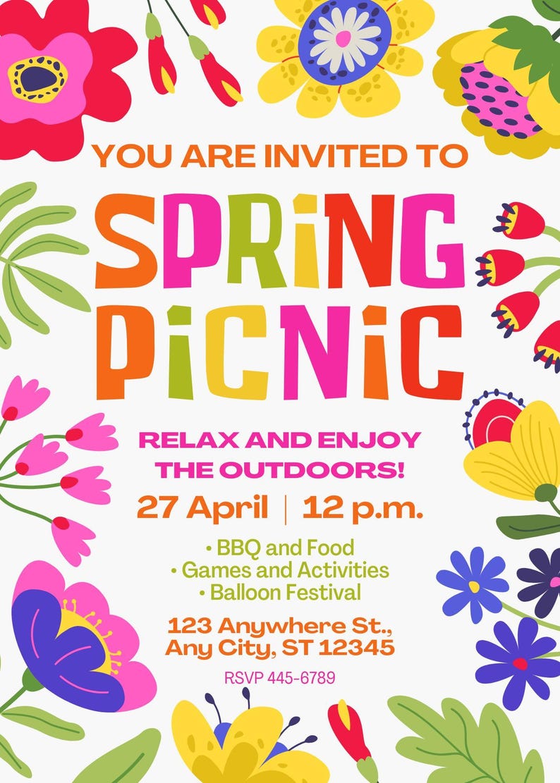 Retro Spring Bright Floral Picnic Party Invitation Event, Family Fun ...