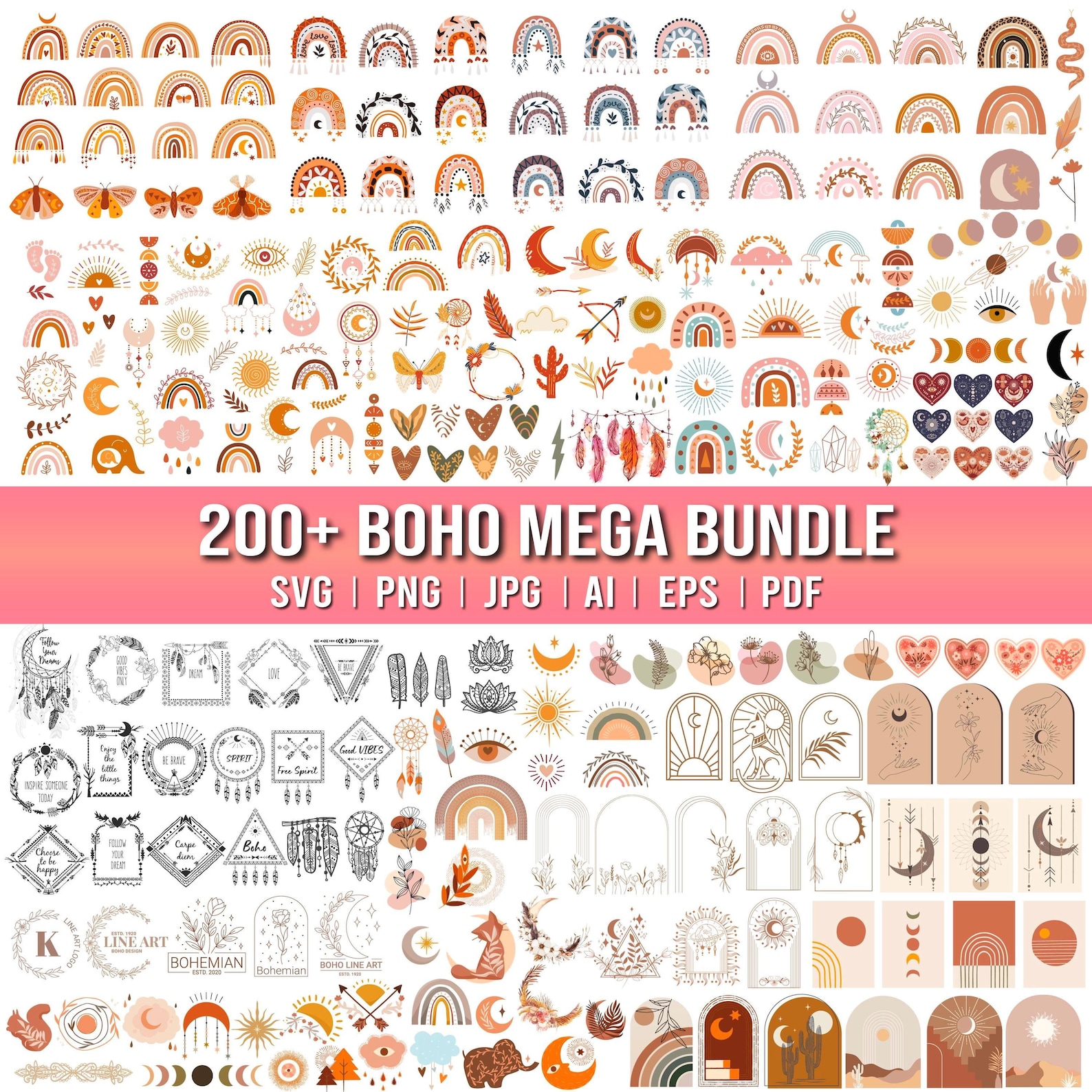 Boho SVG Bundle, Boho Clipart, Boho Elements, Bohemian Svg, Modern ...