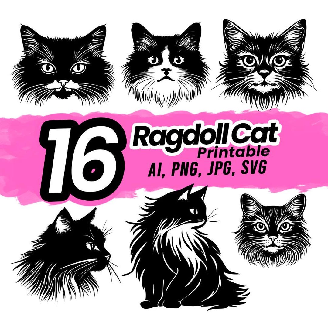 Ragdoll Cat SVG Bundle | Digital Cat Art Silhouette Print | Ragdoll Cat ...
