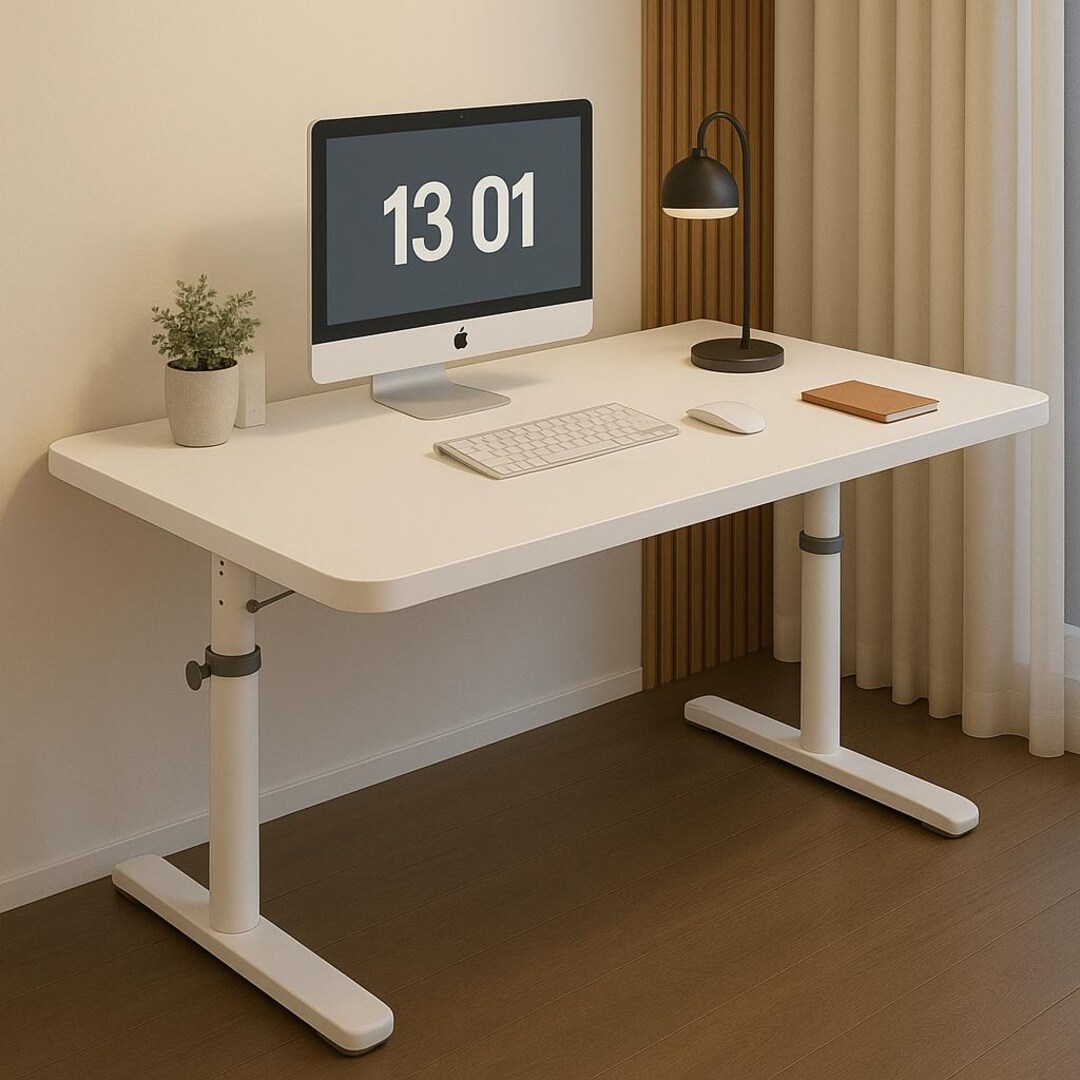 Desk - White Frame, Standing Desk, Desk, Walnut-style Woodgrain, Stand ...