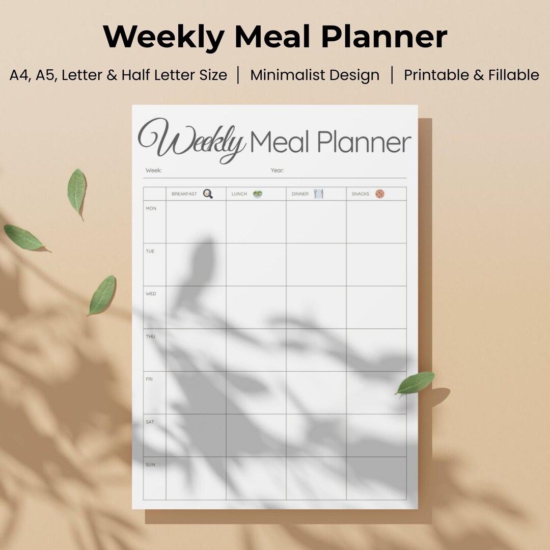 Printable Weekly Meal Planner | Digital Meal Journal PDF | Fillable ...