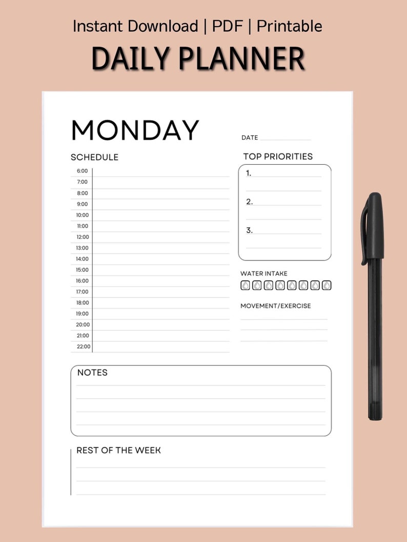 Minimalist Daily Planner | Printable & Digital PDF | Downloadable Day ...