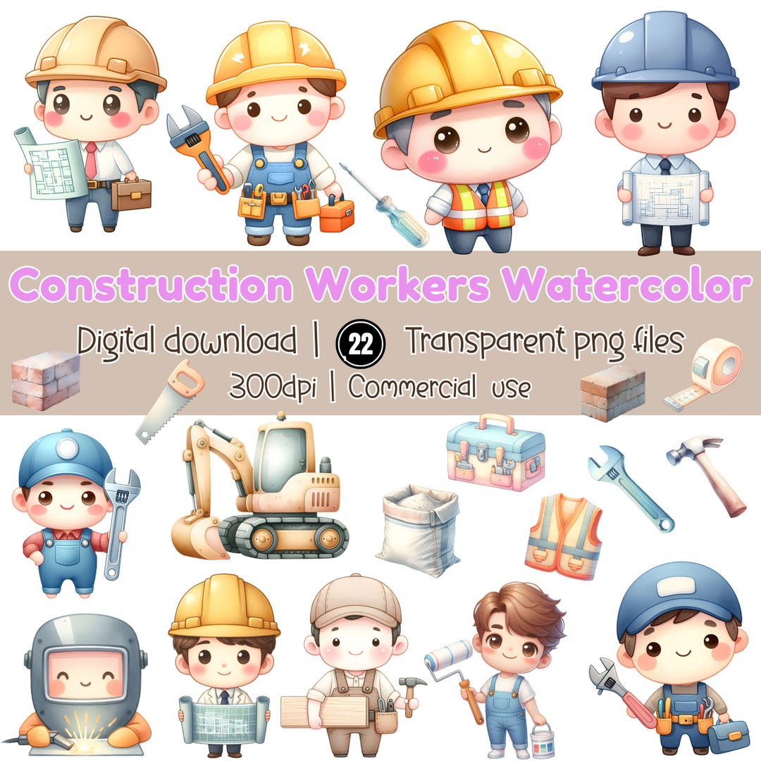 Construction Workers Watercolor Clipart | Builder Jobs & Tools PNG ...