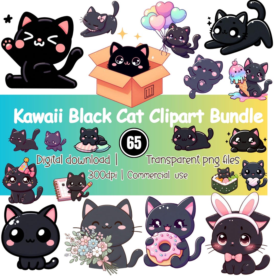 Kawaii Black Cat Clipart Bundle: Spooky Halloween PNG Stickers - Etsy