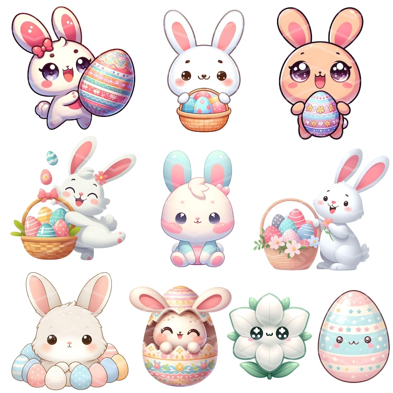 Kawaii Easter Clipart – Bunny, Eggs, Chick PNG Set (35 Files, Digital ...