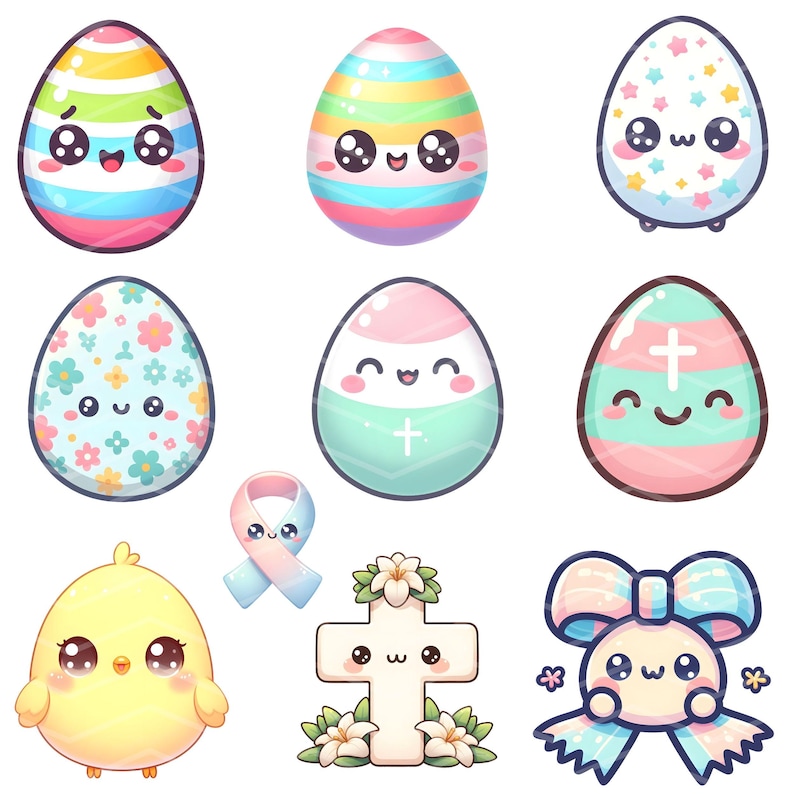 Kawaii Easter Clipart – Bunny, Eggs, Chick PNG Set (35 Files, Digital ...