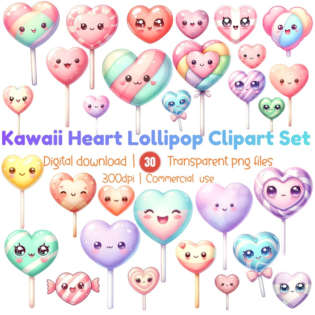 Kawaii Heart Lollipop Clipart Set, Valentine Candy PNG - Etsy