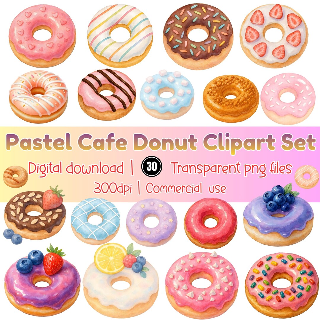 Pastel Cafe Donut Clipart Set | Watercolor Hand-painted Donuts | Bakery ...