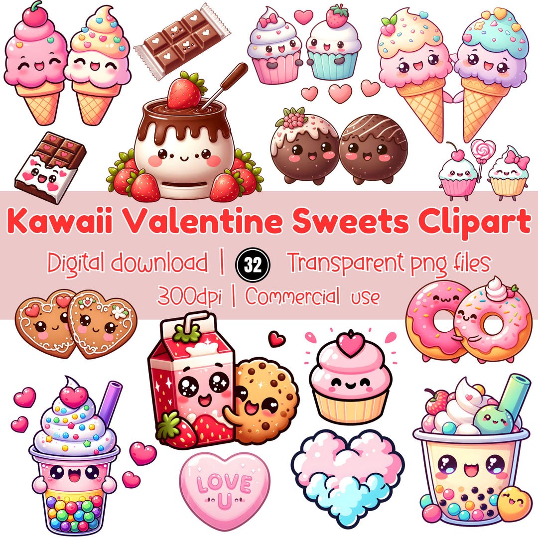 Kawaii Valentine Sweets Clipart, Dessert PNG Bundle, Pastel Candy ...