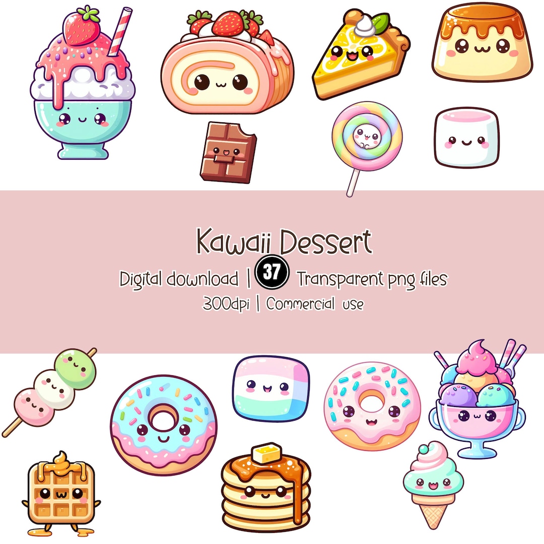 Kawaii Dessert Clipart Bundle - Cute Sweets Treats PNG for Stickers ...