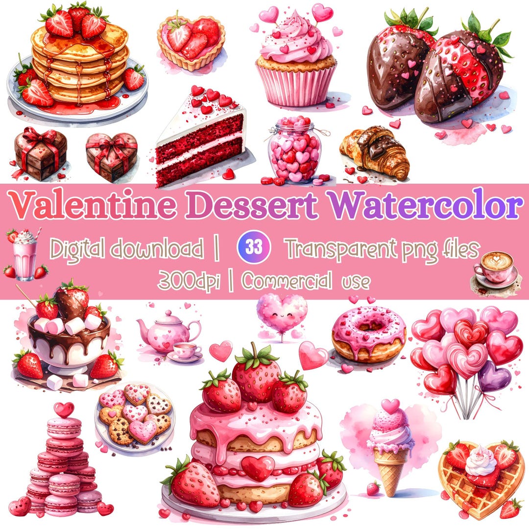Valentine Dessert Clipart | Watercolor Cake, Cupcake PNG (digital ...