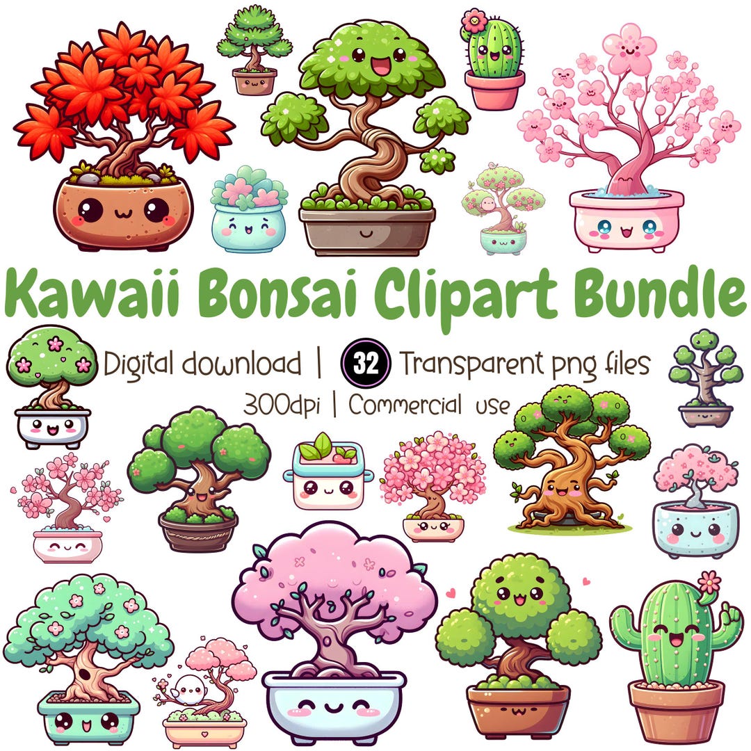 Kawaii Bonsai Clipart Bundle | Cartoon Potted Plants Trees Japanese ...