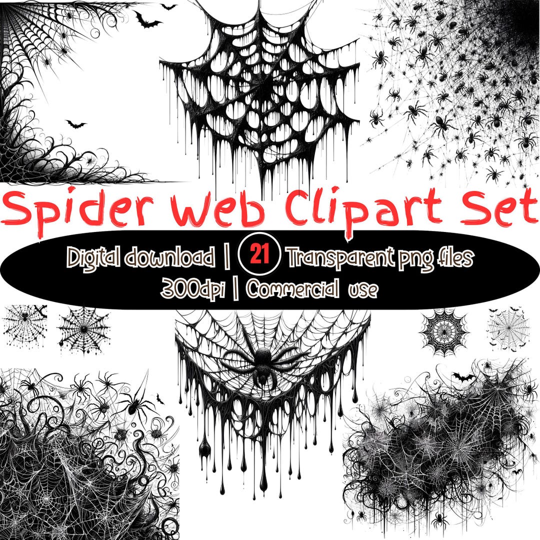 Spider Web Clipart Set: Halloween Cobweb Frames, PNG Graphics (digital ...