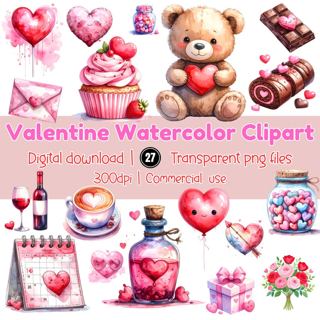 Valentine Watercolor Clipart | Hearts, Teddy, Chocolate (PNG Files) - Etsy