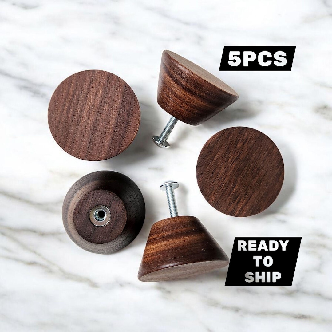 Walnut Wood Round Knobs for Kitchen Cabinets, Dressers and Drawers (1-9 ...