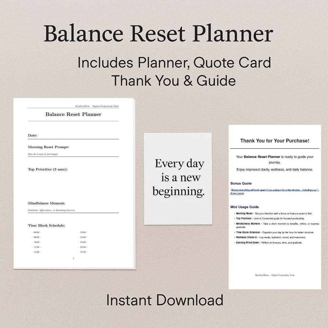 Balance Reset Day Planner | Printable & Fillable PDF | Self-care + Time ...