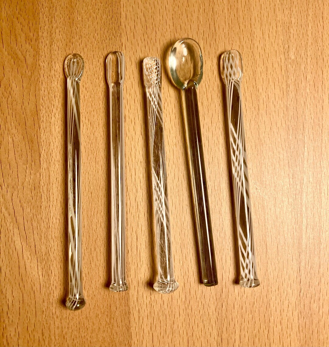 Vintage Glass Cocktail Swizzle Sticks & Spoons, Handmade Swirl Design ...