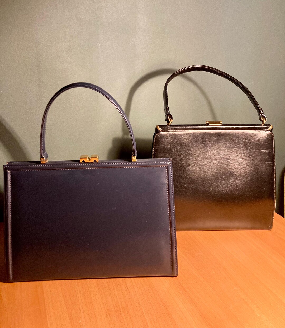 Vintage 1960s Leather Top Handle Purses — Pair of Structured Retro ...