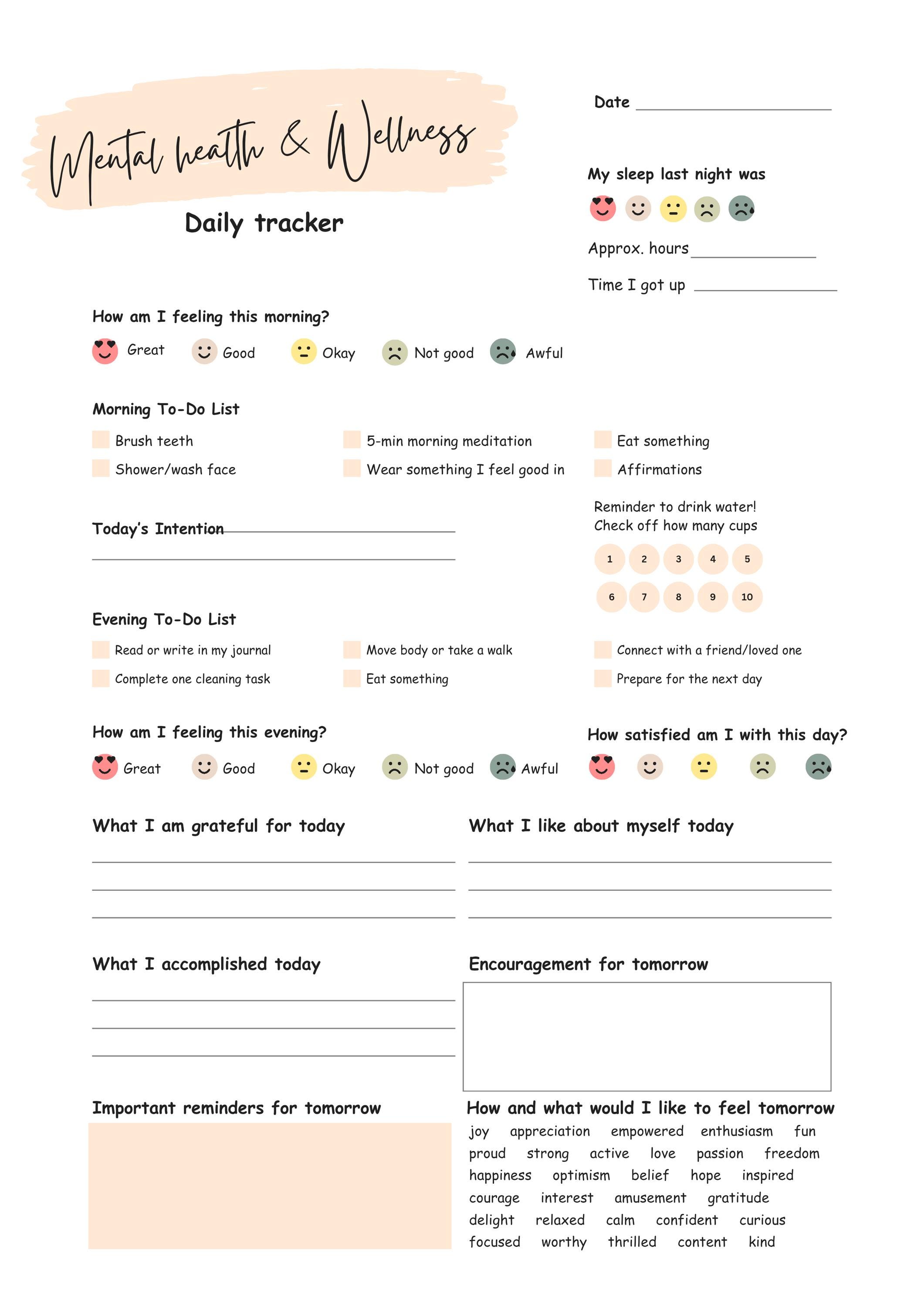 Printable Daily Tracker Mental Health and Wellness | Track Your Mood ...
