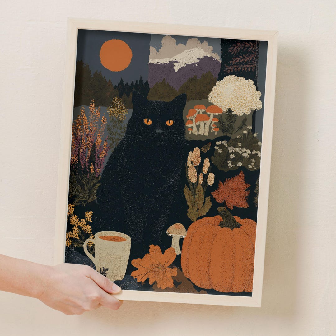 Autumn Black Cat Illustration Poster | Fall Collage Wall Art ...