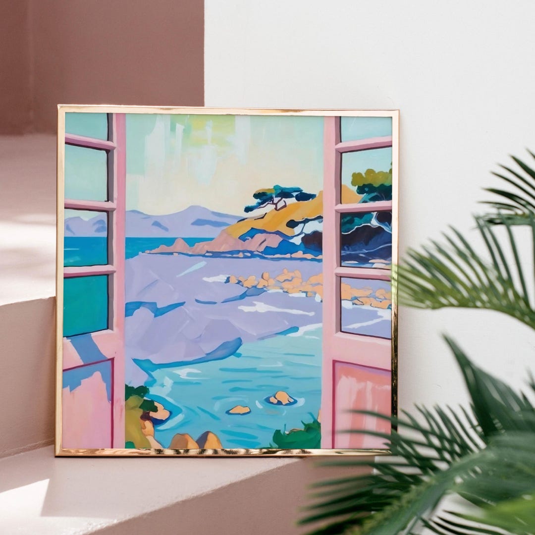 Pastel Window View Wall Art | Mediterranean Coastal Poster With Open ...