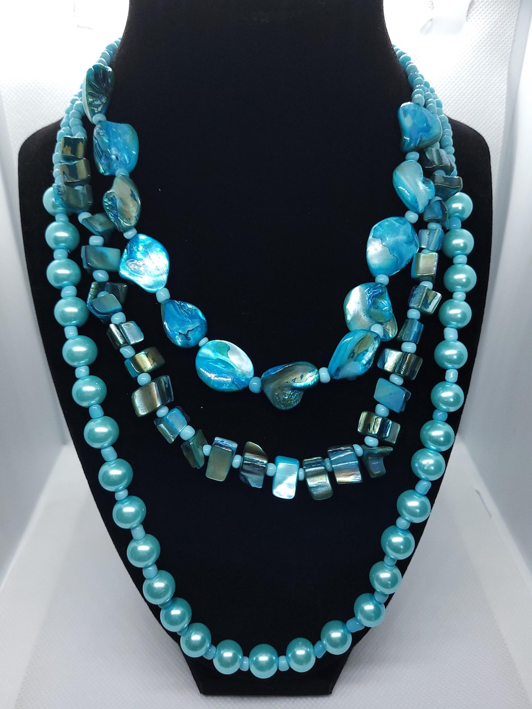 Blue Pearlescent Three Tier Necklace, Turquoise Shell & Faux Pearl ...