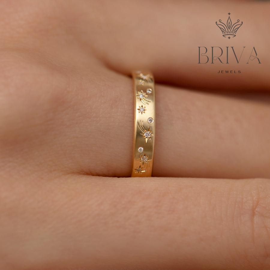 Diamond Shooting Star Engraved Eternity Band | Wide Gold Ring ...