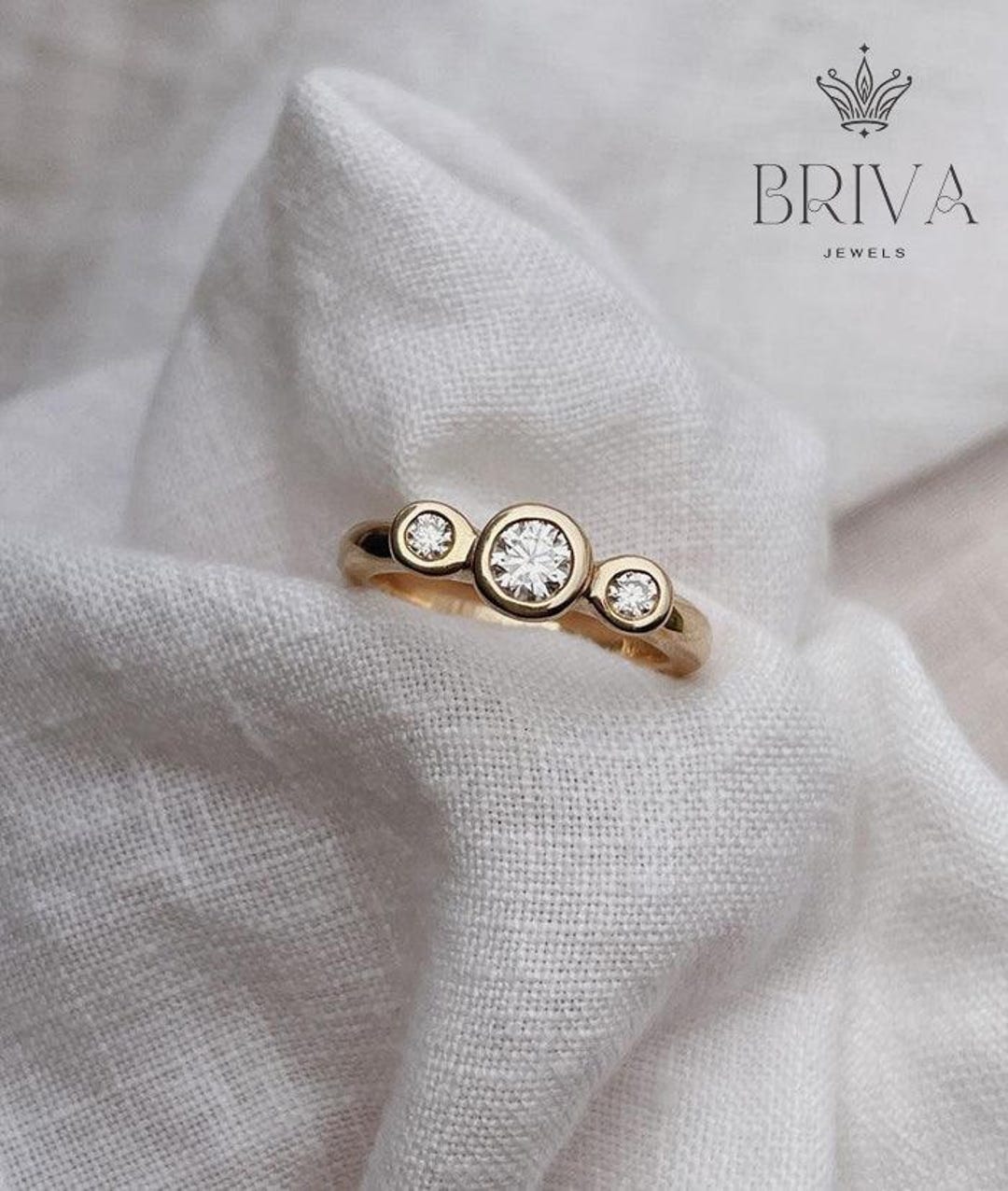 Hand Carved Bezel Set Trilogy Ring | Round Cut Moissanite Diamonds ...