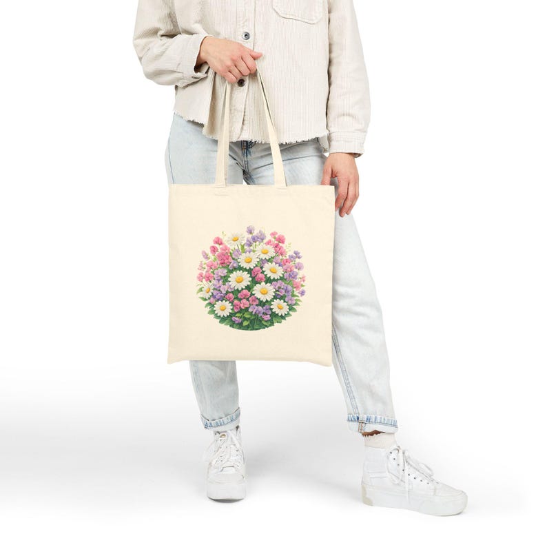 April Birth Flower Tote, Daisy Sweet Pea Floral Canvas Carryall ...