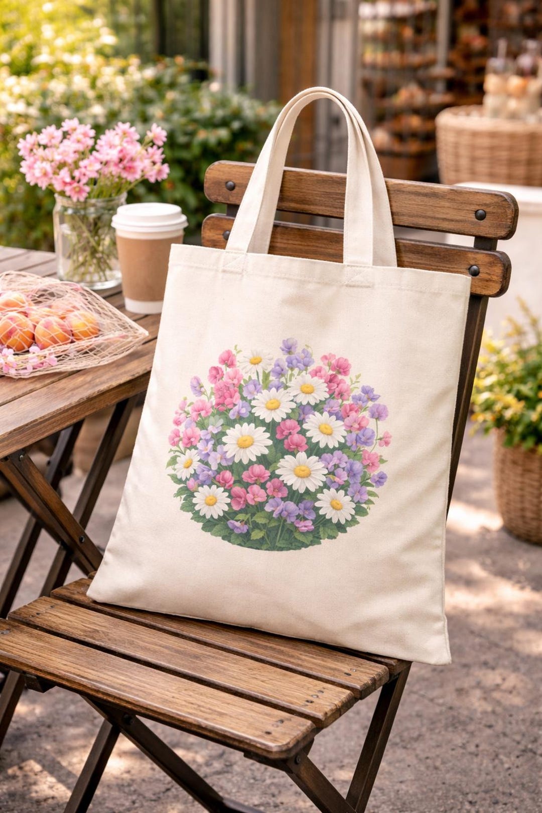 April Birth Flower Tote, Daisy Sweet Pea Floral Canvas Carryall ...