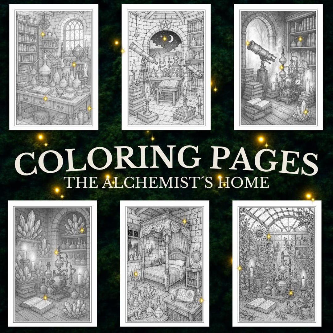 The Alchemist's Home Coloring Pages, Adult Coloring Sheets – Six A4 ...