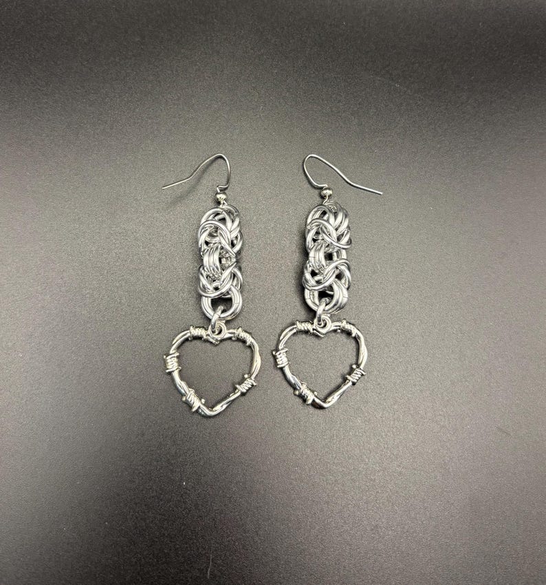 Barbed Wire Heart Chainmaille Earrings • Gothic Punk Spiked Industrial ...