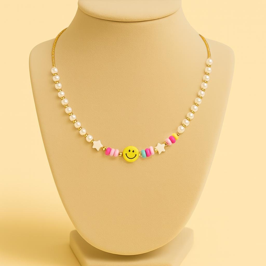 Smiley Face Beaded Pearl Necklace, Smiley & Colorful Heishi Beads ...