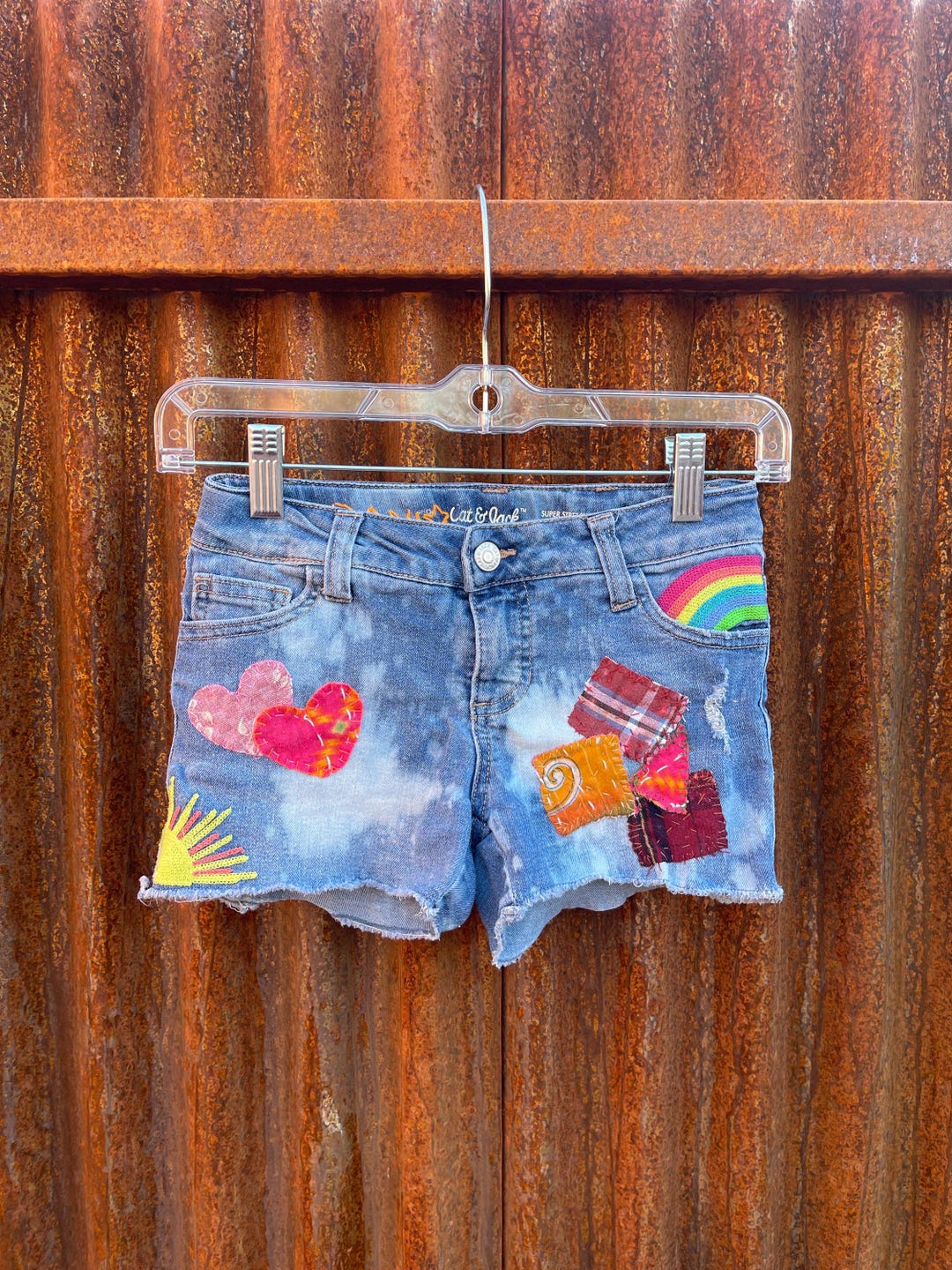 Girls Upcycled Denim Shorts With Hand Sewn Patches Size M 7/8 One of a ...