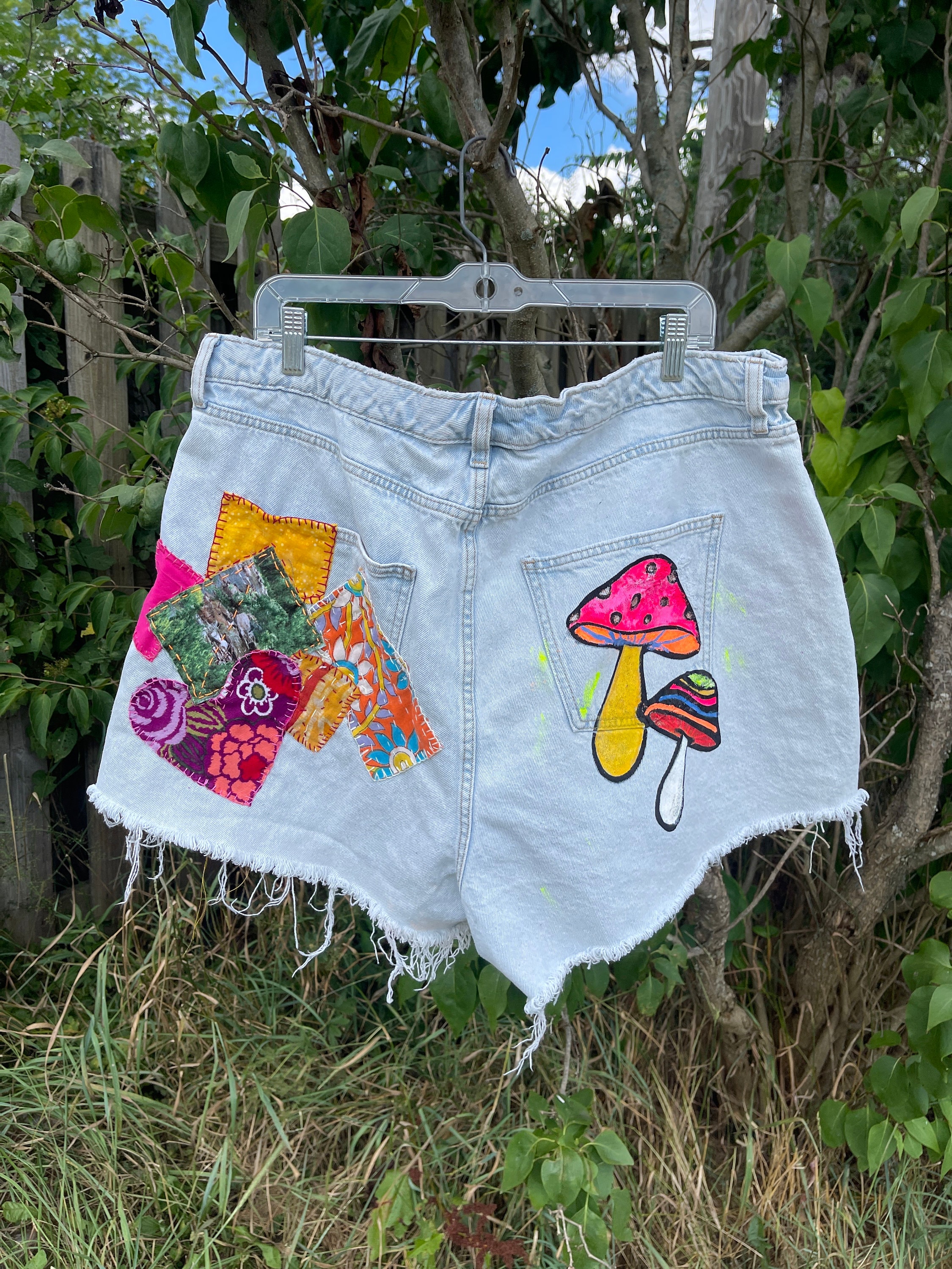 Upcycled Denim Shorts With Hand Sewn Patches Size 18 One of a Kind - Etsy
