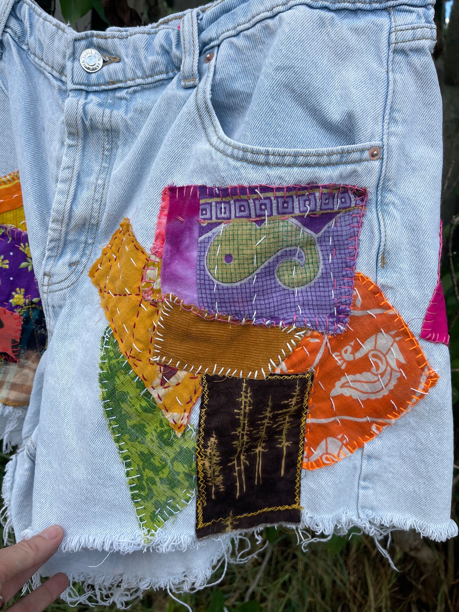 Upcycled Denim Shorts With Hand Sewn Patches Size 18 One of a Kind - Etsy