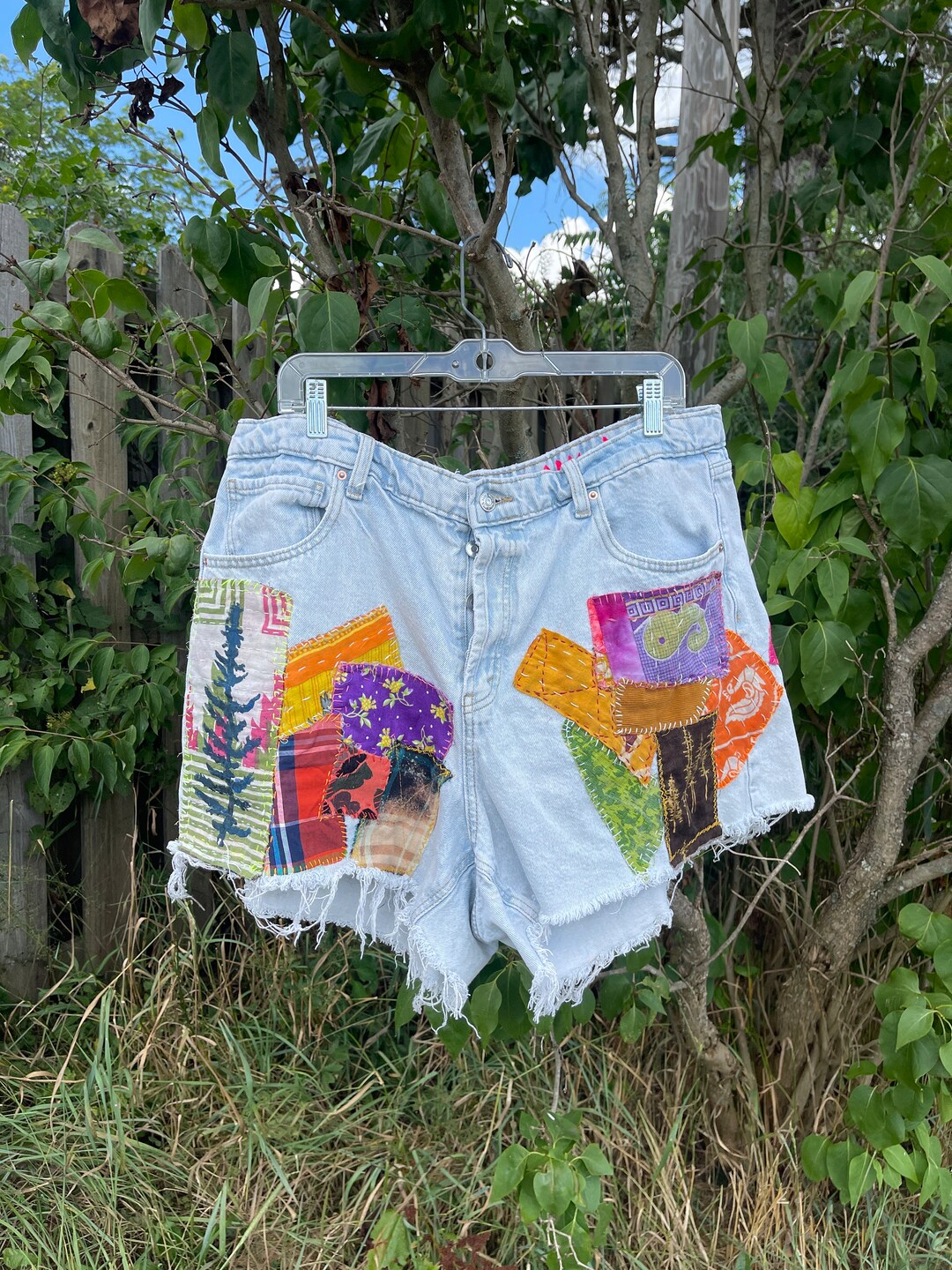 Upcycled Denim Shorts With Hand Sewn Patches Size 18 One of a Kind - Etsy