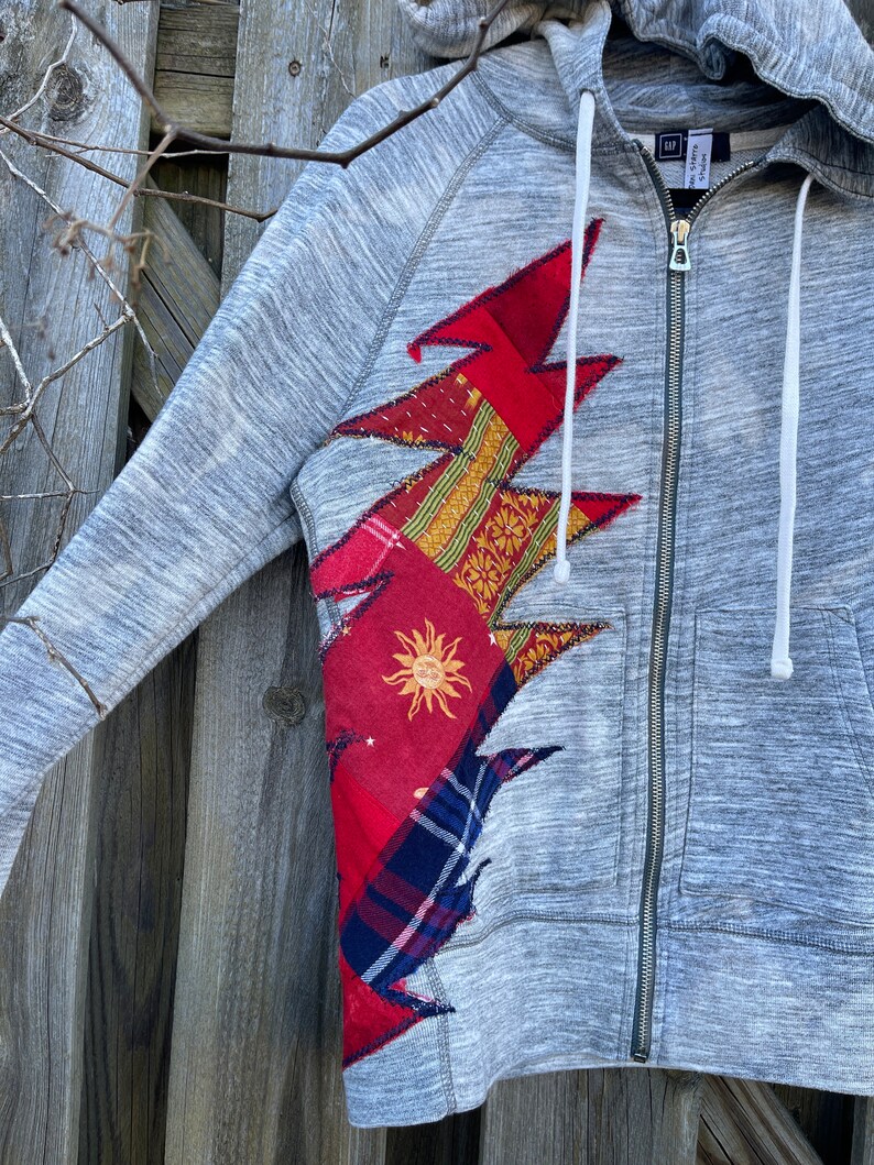 Upcycled M Womens Zip Front Sweatshirt With Lightning Bolt Applique ...